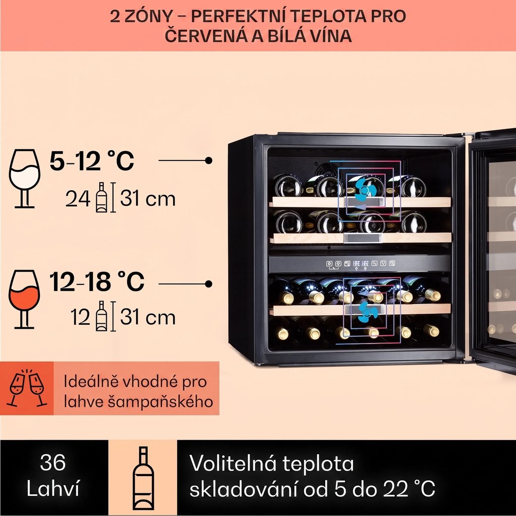 Klarstein Vinsider 36 Onyx Edition, vinotéka, 85 l, 2 zóny, 5-22 °C