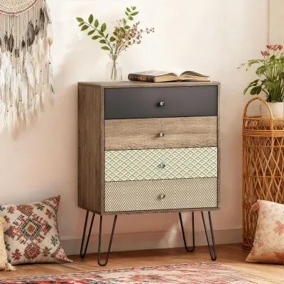 HOMCOM komoda se 4 zásuvkami, nohy z oceli, boho styl, 60 x 39 x 86 cm, vícebarevná