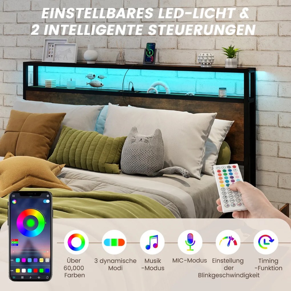 Costway Postel s LED osvětlením nabíjecí stanice a 4 zásuvkové úložné s čelem