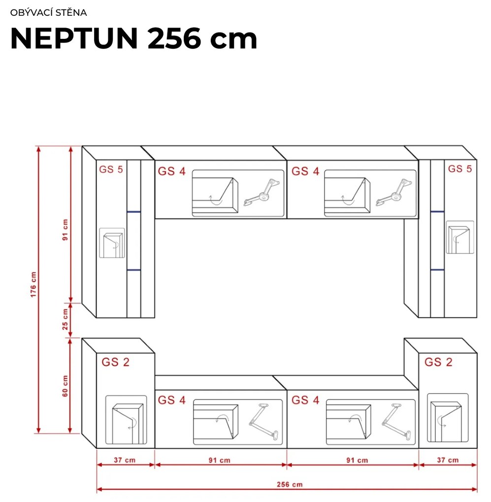 Ral Obývací stěna NEPTUN 4, 256 cm - Černý lesk