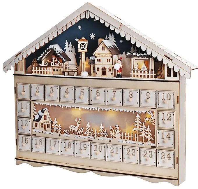 SOLIGHT LED adventní kalendář Horská chata, 10x LED, 50x40cm, 2x AA