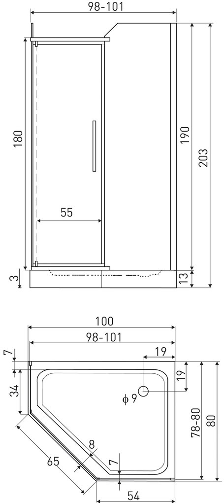Novoterm Pětiúhelníkový sprchový kout NV-Glasgow Plus 100x80, chrom/transparent - bez vaničky
