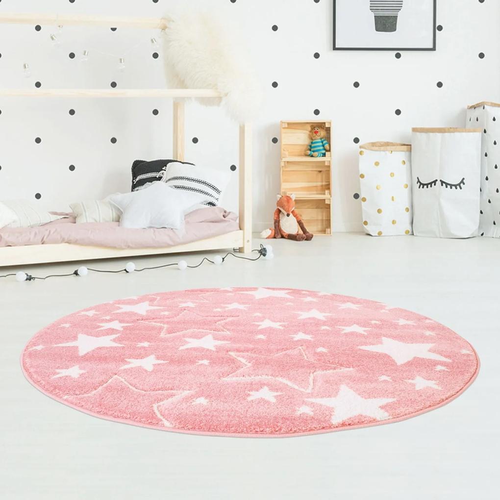 Růžový kulatý koberec do dívčí pokoje STARS | BIANO