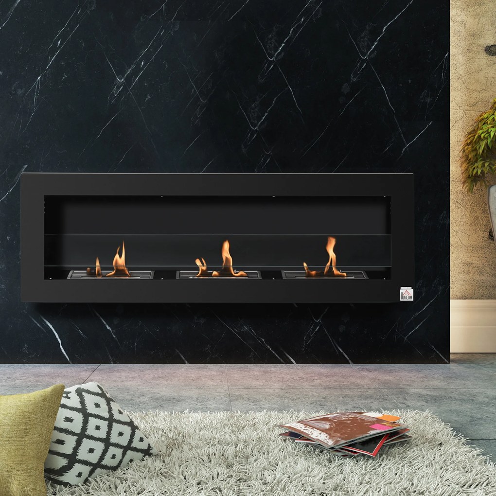 HOMCOM Ethanolový krb Bio-Ethanol hořák 3 hořáky 1 l 3 hodiny doba hoření 2000 W bez kouře, nástěnný, ocel, tvrzené sklo, černá, 120 x 15 x 40 cm