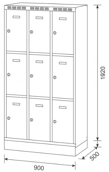 Šatní skříňka S6 s úložnými boxy na soklu, 9 boxů, 1920 x 900 x 500 mm, otočný zámek, tmavě šedé dveře