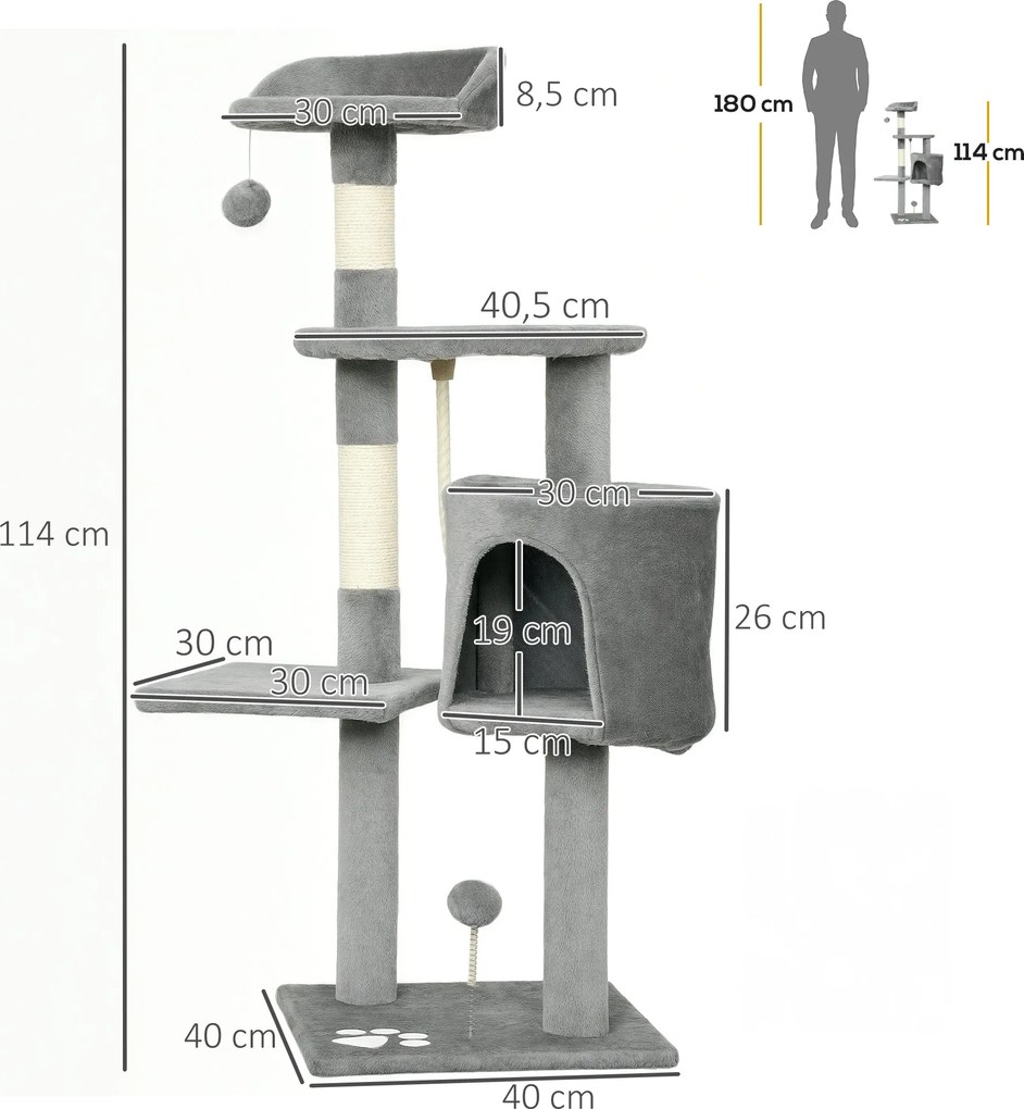 Strom pro kočky PawHut s více vybavením - škrabadla, platformy, skrýš, lanové hračky 40D x 40Š x 114V cm Šedý