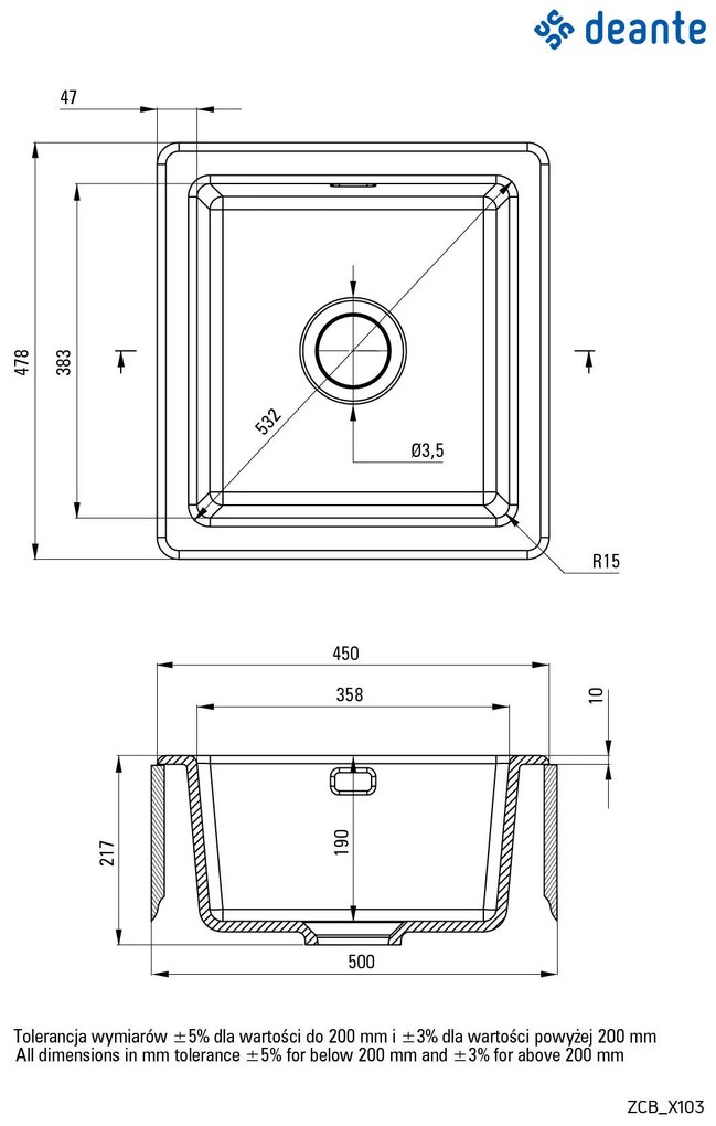 Deante Sabor, keramický dřez 475x450x215 mm B/O + prostorově úsporný sifon, 1-komorový, černá matná, ZCB_N103