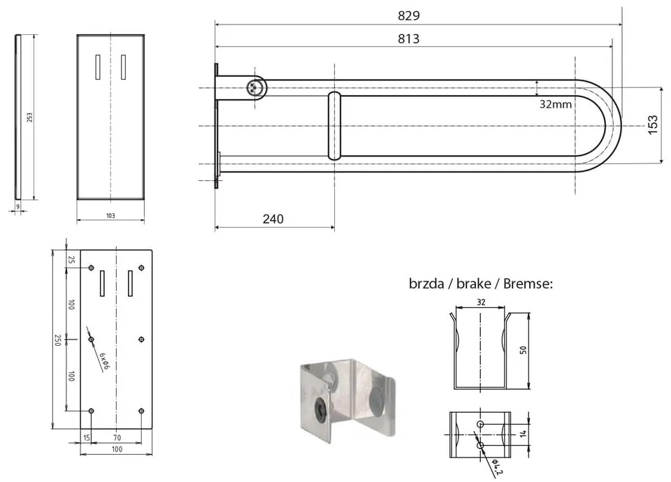 Nástěnné madlo do koupelny z nerezové oceli 83 cm Handicap – Sapho