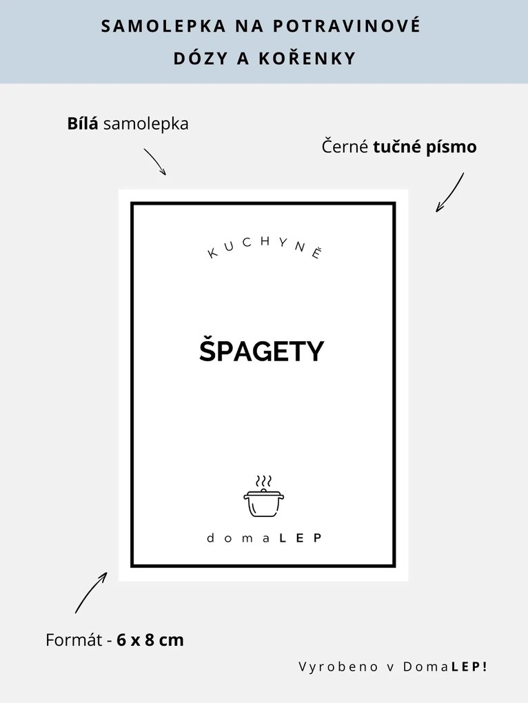 ŠPAGETY – bílá samolepka na dózu, tučné písmo, 6 x 8 cm | DomaLEP