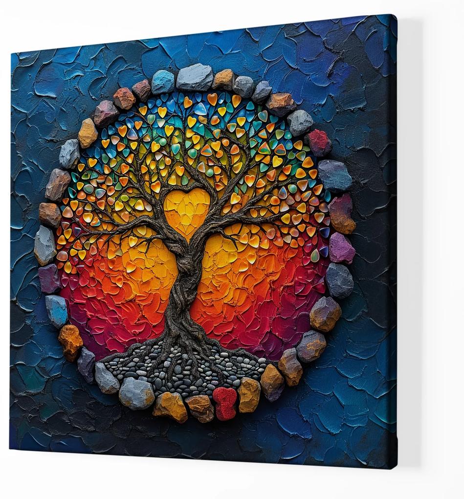 Obraz na plátně - Strom života Sluneční srdce s kamínky FeelHappy.cz Velikost obrazu: 120 x 120 cm