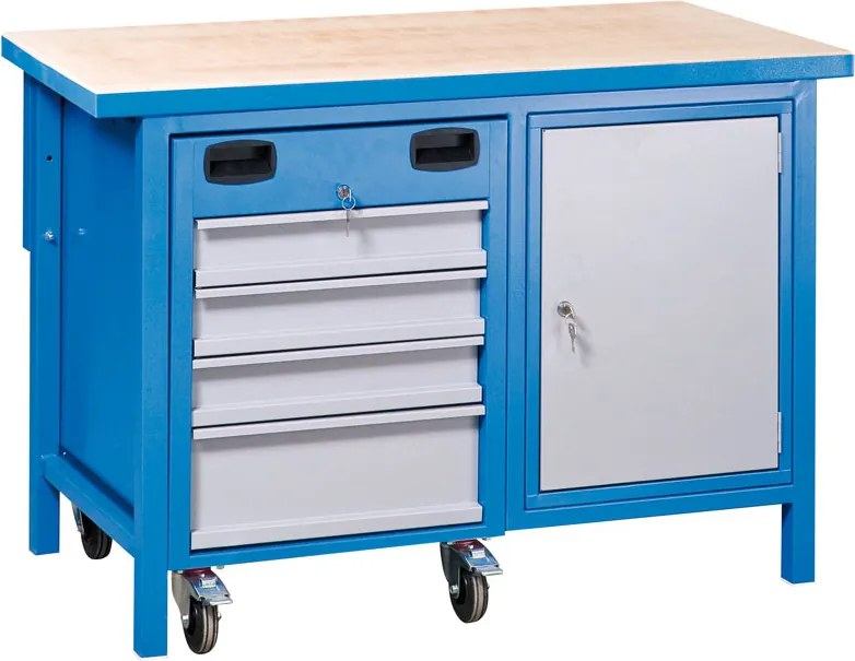 Dílenský pracovní stůl GD s pojízdným boxem na nářadí, 4 zásuvky, 1 skříňka, 1190 x 600 x 850 mm, šedá