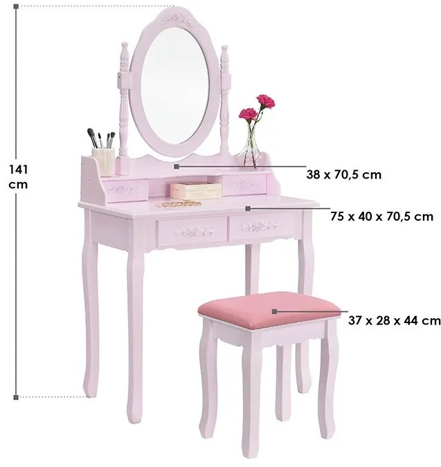 Goleto Originální vintage toaletní stůl se zrcadlem Mira | růžový