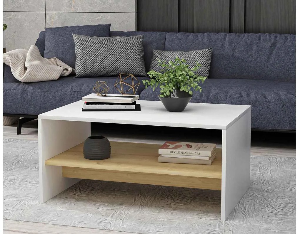 Designový konferenční stolek Wells 90 cm bílý / dub