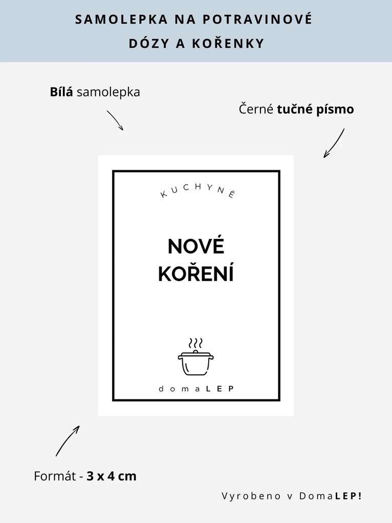 Samolepka na kořenky NOVÉ KOŘENÍ bílá 3 × 4 cm tučné písmo