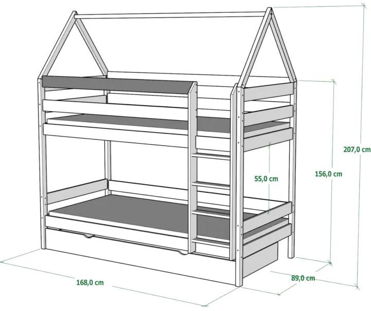 BabyBeds Dětská patrová postel DOMEČEK Velikost postele: 160x80 cm, Barva postele: Zelená, Úložný prostor: Dva menší šuplíky na kolečkách