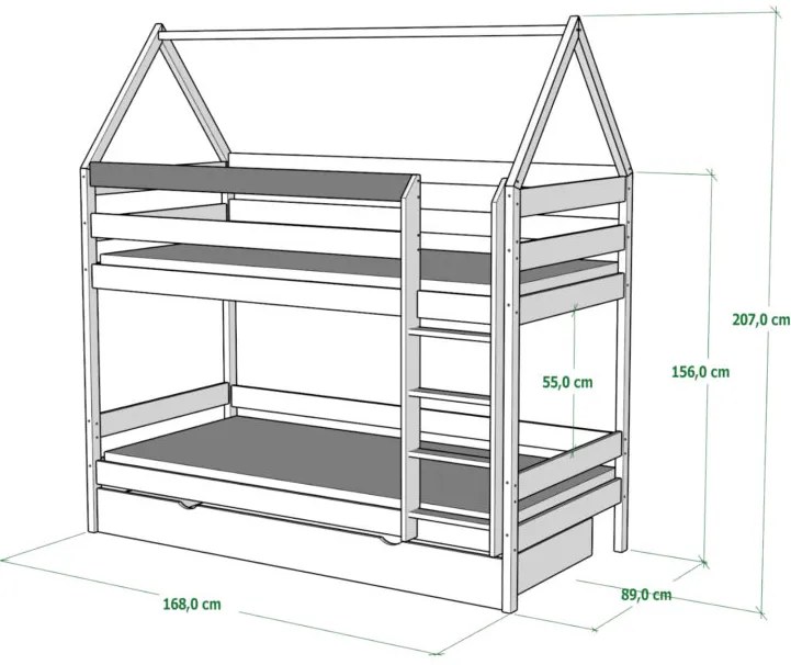 BabyBeds Dětská patrová postel DOMEČEK Velikost postele: 180x80 cm, Barva postele: Bílá, Úložný prostor: Přistýlka