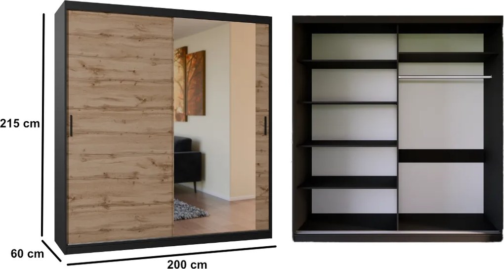 GAB Posuvná šatní skříň se zrcadlem MONTAIRE 200 cm Barva dřeva: Dub Wotan + černá