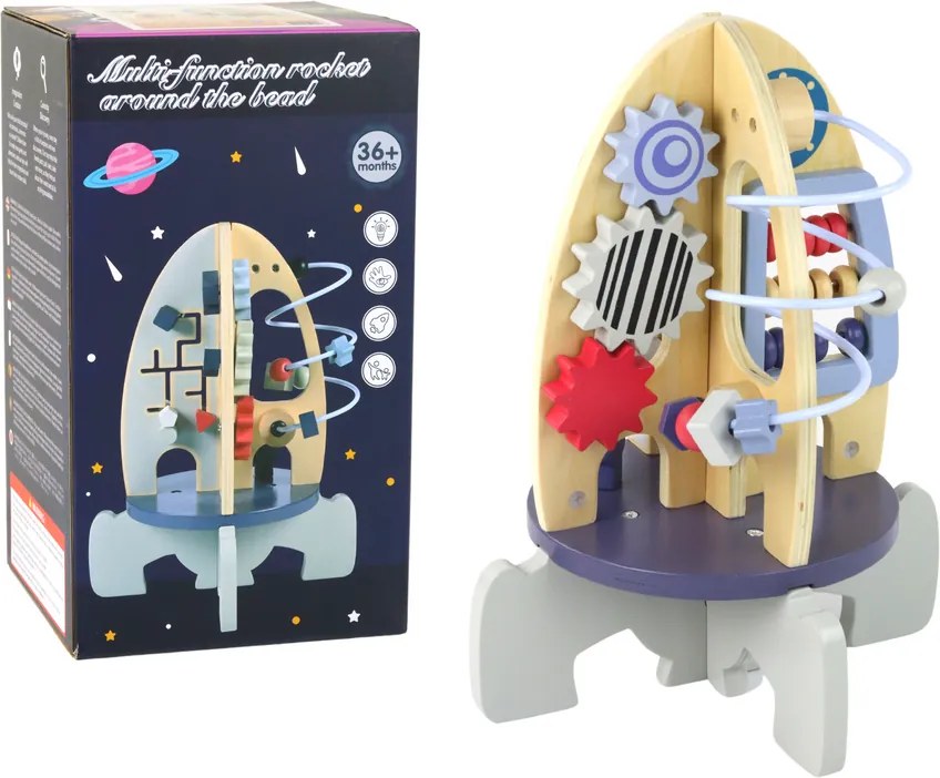 LEAN Toys Dřevěná edukační hračka raketa s korálky a ozubenými kolečky