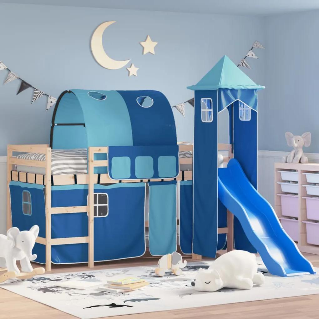 Dětská patrová postel s věží modrá 80 x 200 cm masiv borovice,  3207091