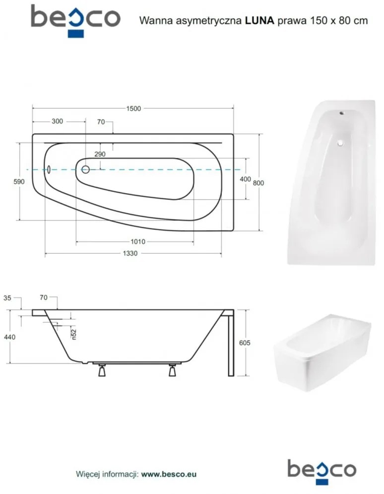 BESCO Asymetrická vana LUNA Nožičky k vaně - Bez nožiček, Rozměr vany - 150 × 80 cm, Způsob provedení - Pravé VANLUN150P