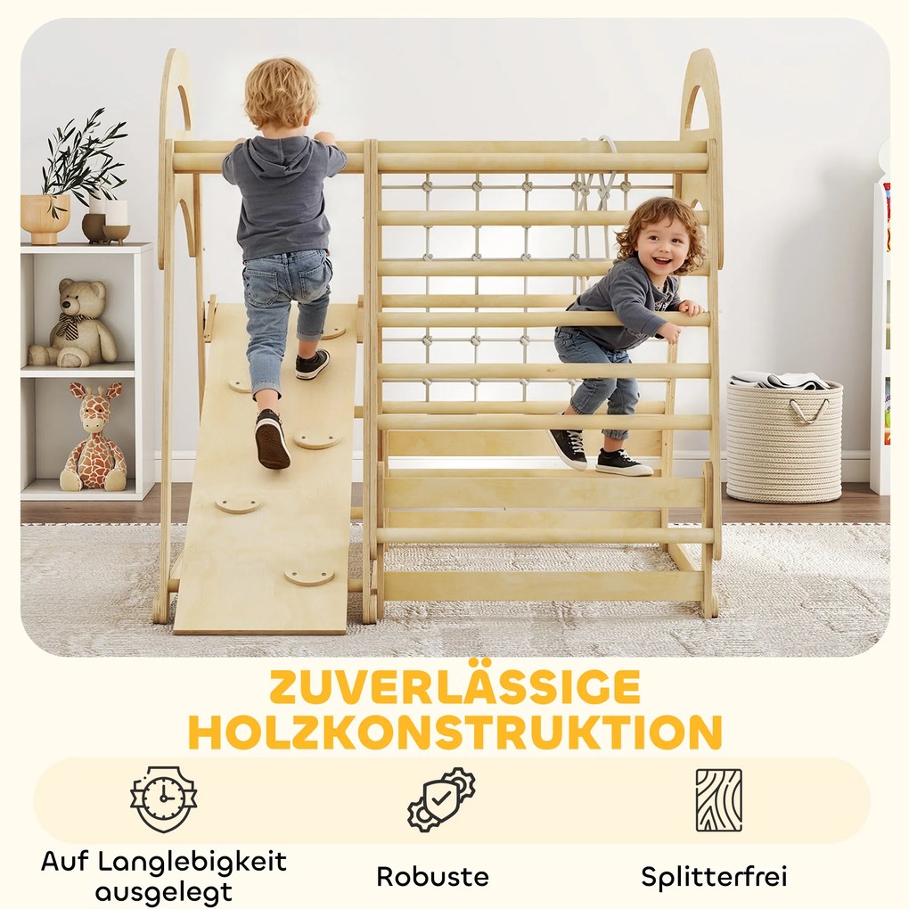 AIYAPLAY Vnitřní horolezecká konstrukce, 6v1 design, skluzavka, lezecké tyče, lezecká stěna, žebřík, lezecká síť, 3-6 let, dřevo