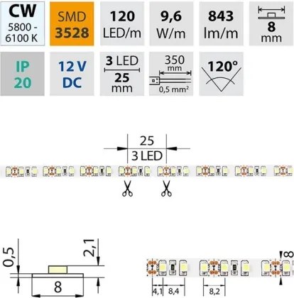 LED pásek McLED 12V studená bílá š=8mm IP20 9,6W/m 120LED/m SMD3528 ML-121.230.60.2