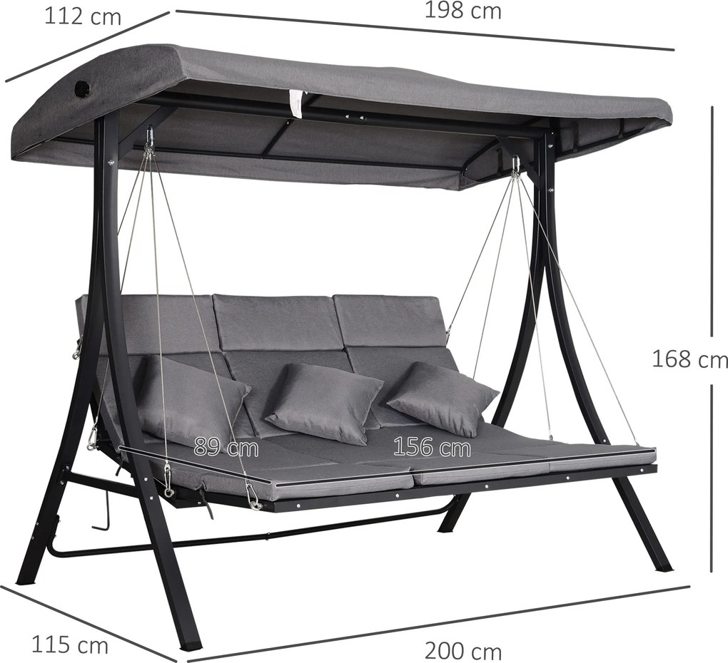 Outsunny Hollywoodská houpačka pro 3 osoby, houpací lavice s nastavitelnou stříškou, zahradní houpačka s polštáři, max. nosnost 270 kg| Aosom