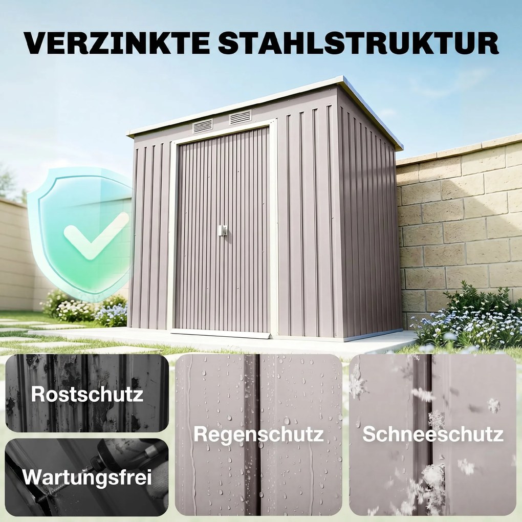 Zahradní domek Outsunny 3,2 m² 213x130x172 cm se sběrnými dveřmi a šikmou střechou, zesílený základ (podlaha není součástí) a 2 okna, Světlá šedá