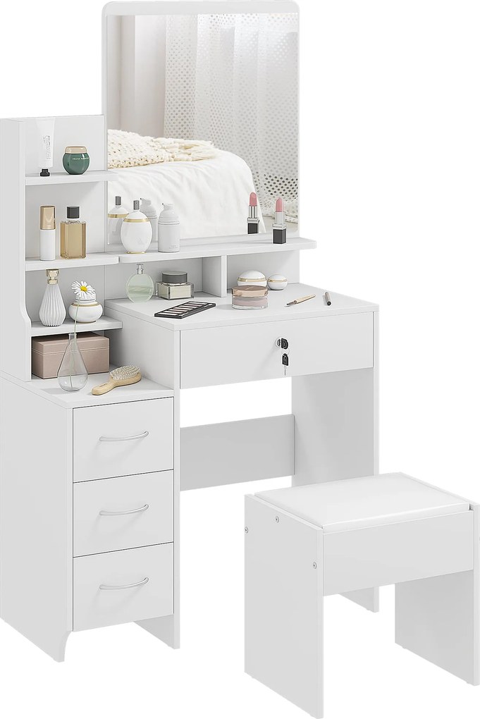 HOMCOM Toaletní stolek s taburetem a zrcadlem, toaletní stůl se 4 zásuvkami, 4 úložnými prostory, moderní styl, 80x38x143 cm Bílá | Aosom