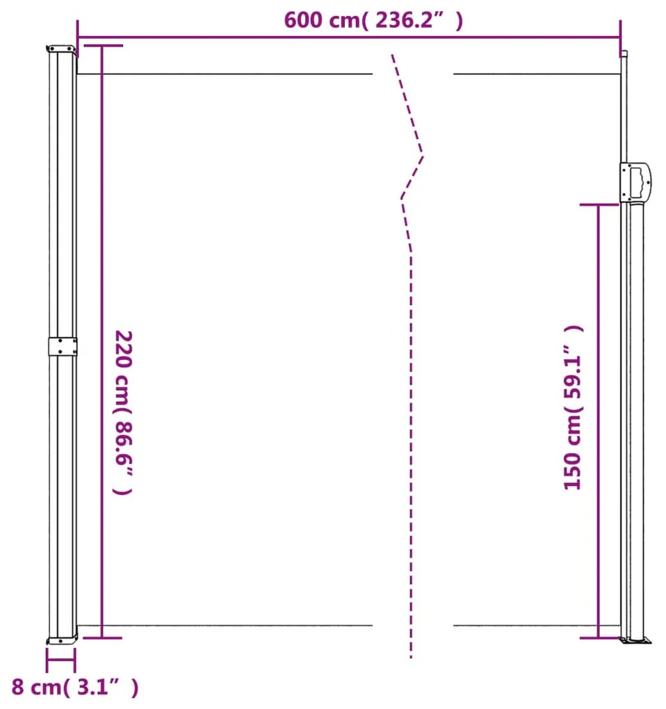 Zatahovací boční markýza červená 220 x 600 cm