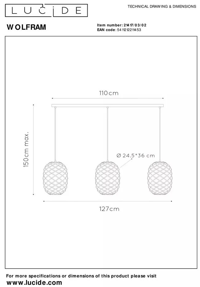 LUCIDE Závěsné svítidlo WOLFRAM  3xE27 - Brass