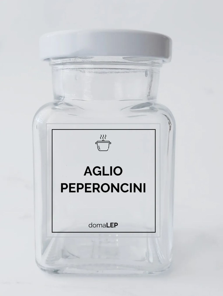 Samolepka na kořenky AGLIO PEPERONCINI průhledná 5 × 5 cm tučné písmo