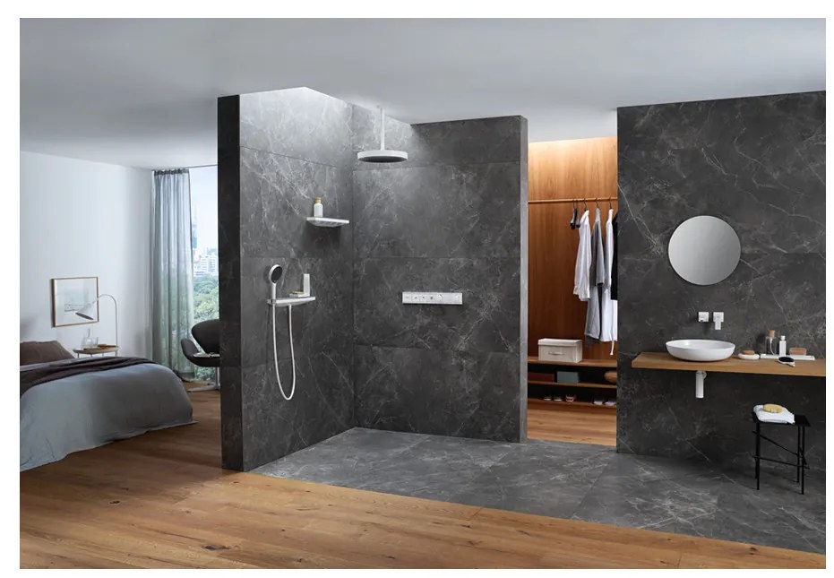 Hansgrohe Rainfinity, nástěnná přípojka hadice Porter 500 a polička LEVÁ, matně bílá, HAN-26843700