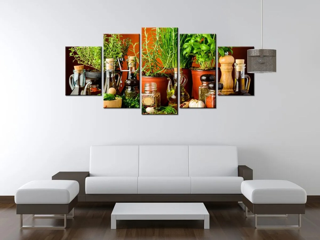 Gario Obraz s hodinami Zeleninové přísady - 5 dílný Rozměry: 150 x 105 cm