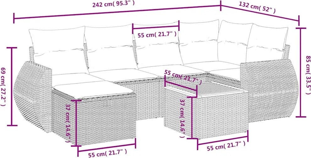 7dílná zahradní sedací souprava s poduškami černá polyratan 3265059