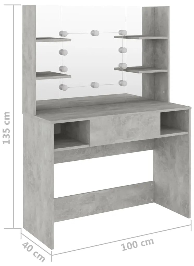 vidaXL Marketos Kosmetický stolek s LED světly 100x40x135 cm MDF betonově šedý