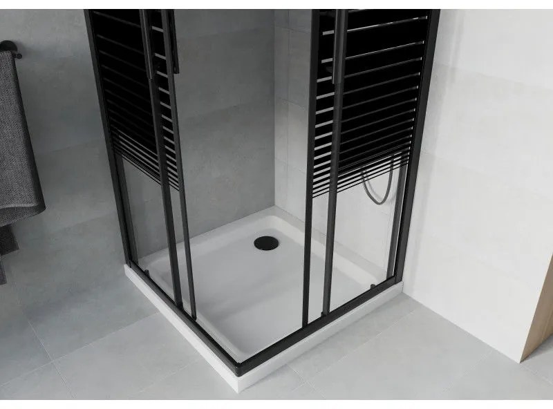 Mexen Rio, čtvercový sprchový kout 90(dveře)x90(dveře)x190 cm, 5mm čiré sklo-vzor pásky, černý profil + bílá sprchová vanička SLIM, 860-090-090-70-20-4010B