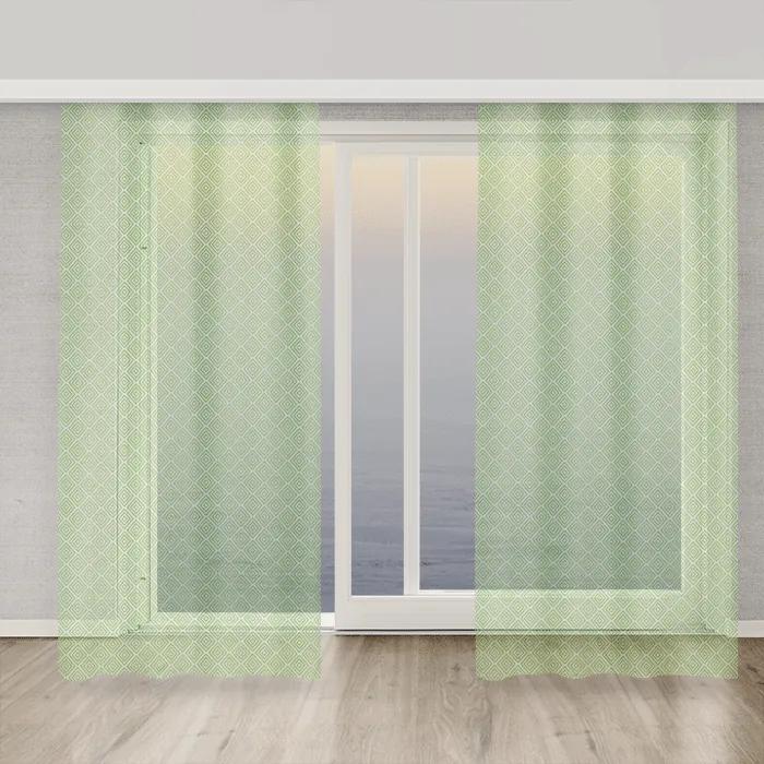 Textilesland Záclona s 3D foto potiskem DECO RHOMBS GREEN 1: s kroužky / obyčejnými kroužky (vnitř. šiř. 40 mm)