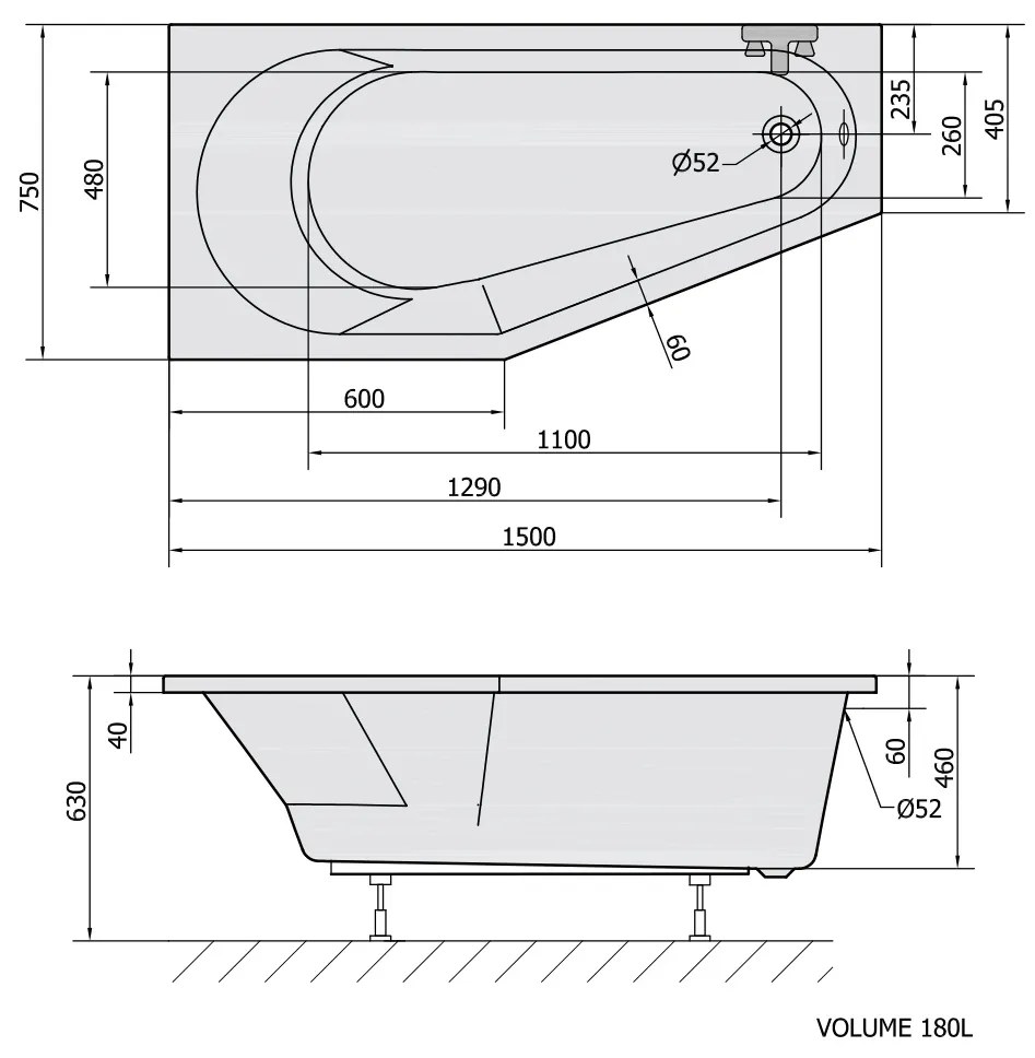 Polysan TIGRA L asymetrická vana 150x75x46cm, bílá, 72928