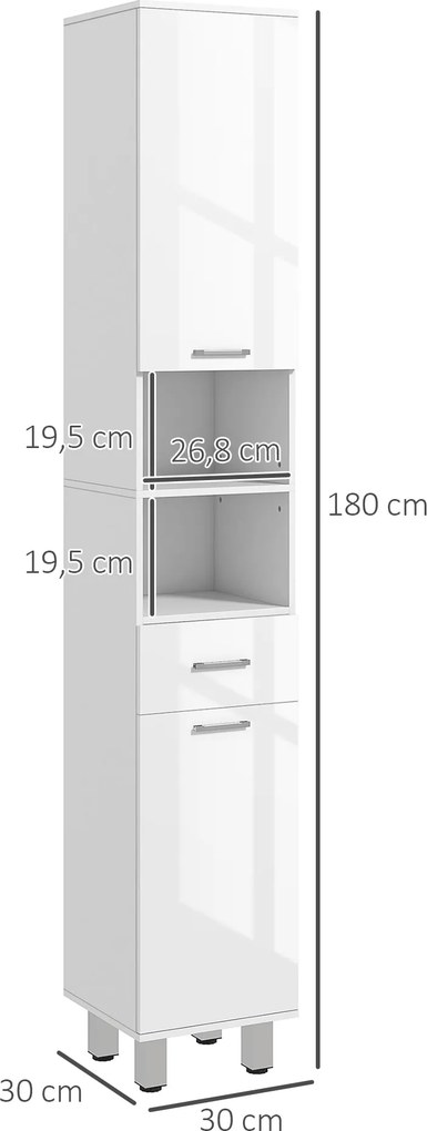 kleankin Moderní Koupelnová Skříň s 1 Zásuvkou, 3 Nastavitelnými Policemi a 2 Skříňkami pro Obývací Pokoj a Ložnici 30x30x180 cm Bílý Lesk