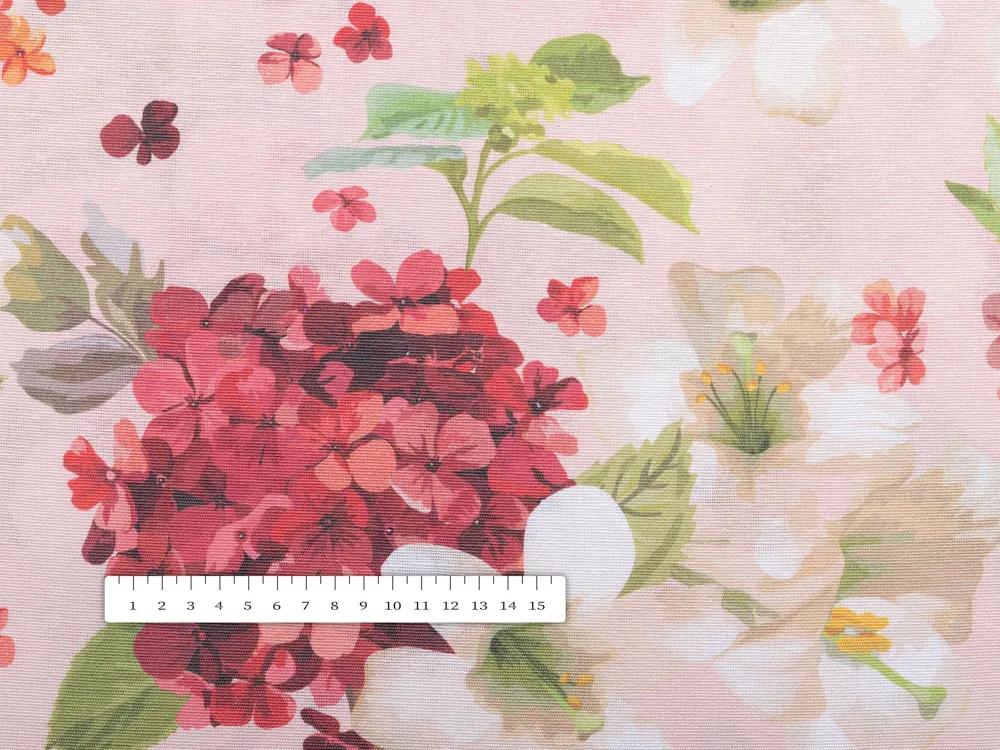 Biante Dekorační povlak na polštář s lemem Leona LN-118 Hortenzie a lilie na růžovém 30 x 50 cm