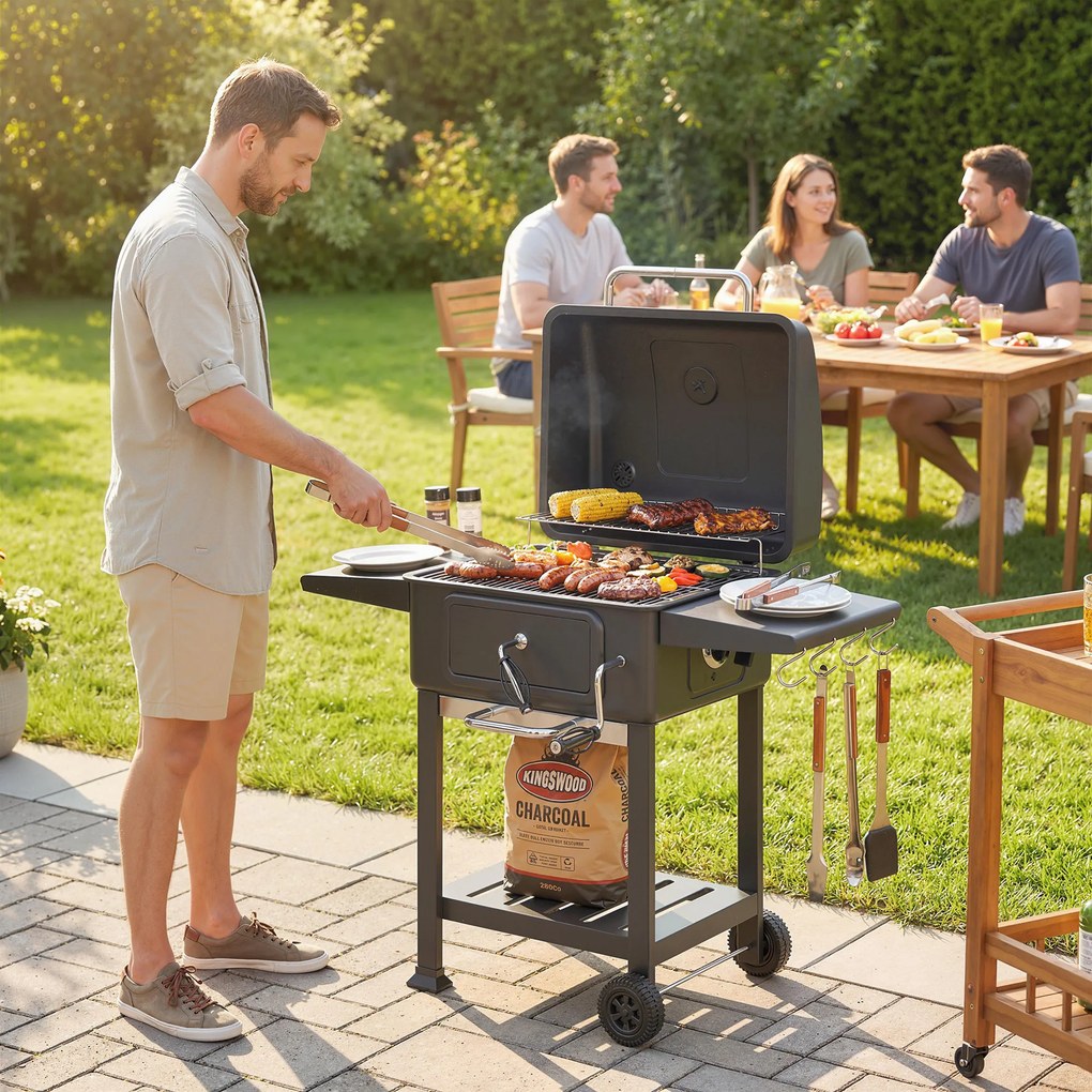 Outsunny Gril na dřevěné uhlí BBQ udírna s víkem Teploměr výškově nastavitelná pánev na dřevěné uhlí Komín Grilovací rošt Boční stolek Popelník