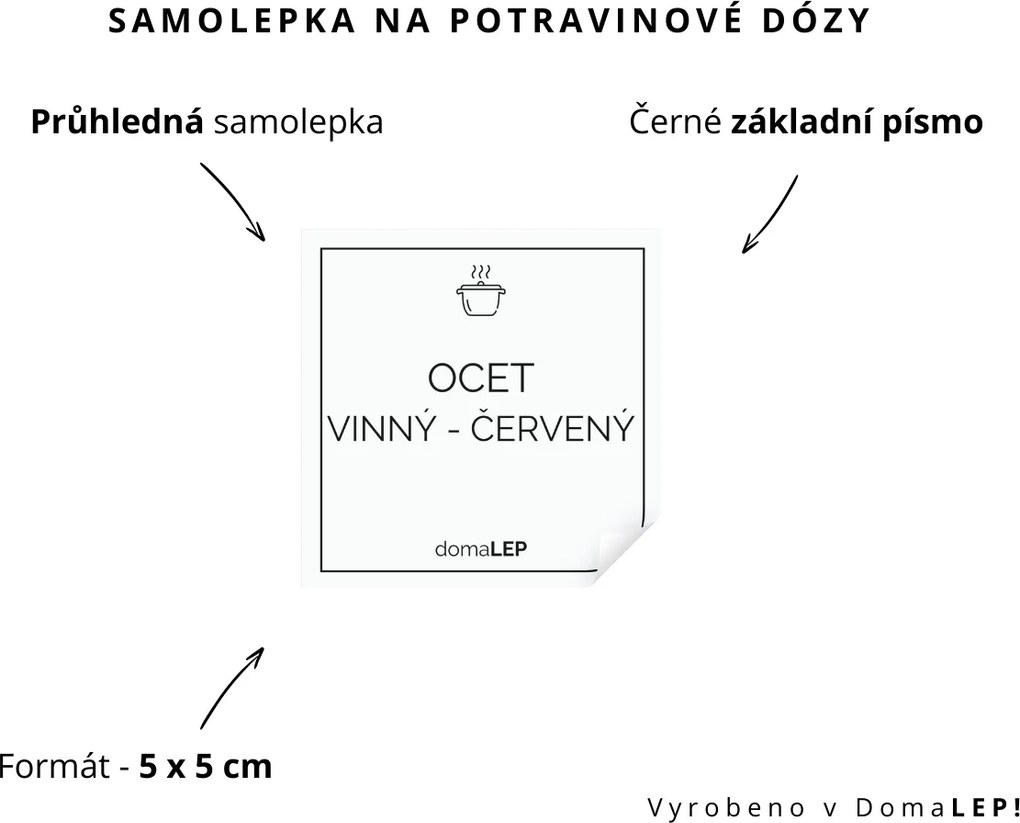 OCET VINNÝ ČERVENÝ - omyvatelná samolepka na dózu, výběr rozměrů Ø 5 cm / 5 x 5 cm / 6 x 8 cm | DomaLEP tvar: ČTVEREC, barva: PRŮHLEDNÁ - ČERNÉ písmo, velikost: š. 5 cm x v. 5 cm - základní písmo