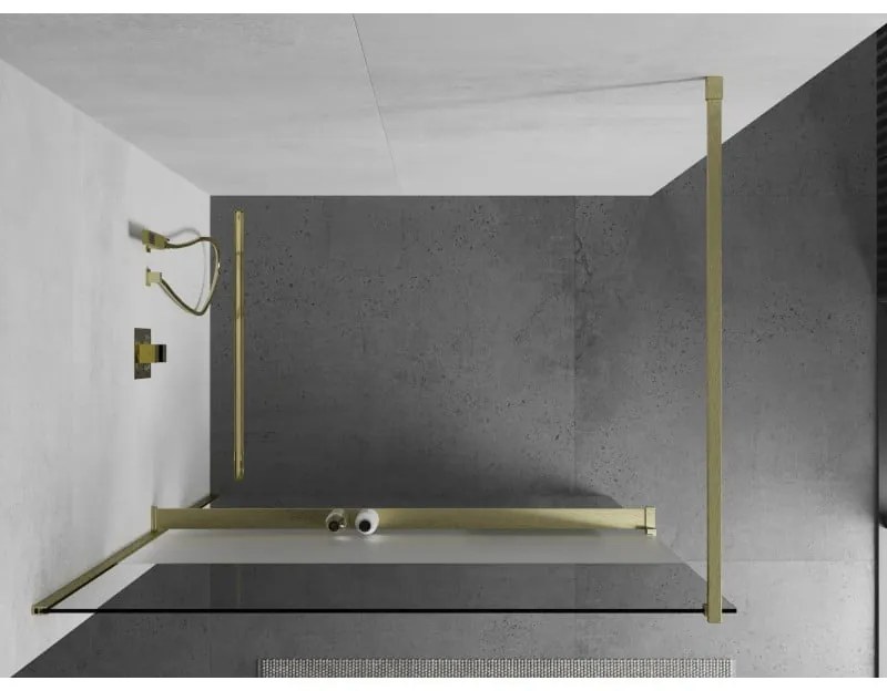 Mexen Kioto+, sprchová zástěna Walk-In s poličkou a věšákem 140 x 200 cm, 8mm čiré sklo-námraza, zlatý matný profil, 800-140-121-55-35