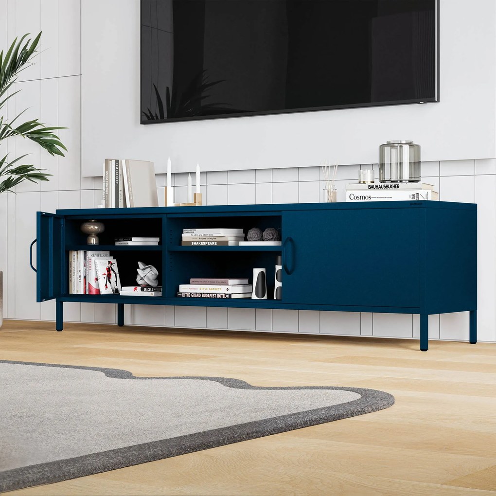 TV stolek kovový široký XL na nožkách, námořnická modrá, 1700x400x500 mm: ROSARIA