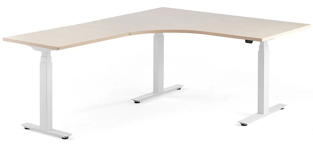 AJ Produkty Výškově nastavitelný stůl MODULUS, rohový, 1600x2000 mm, bílý rám, bříza