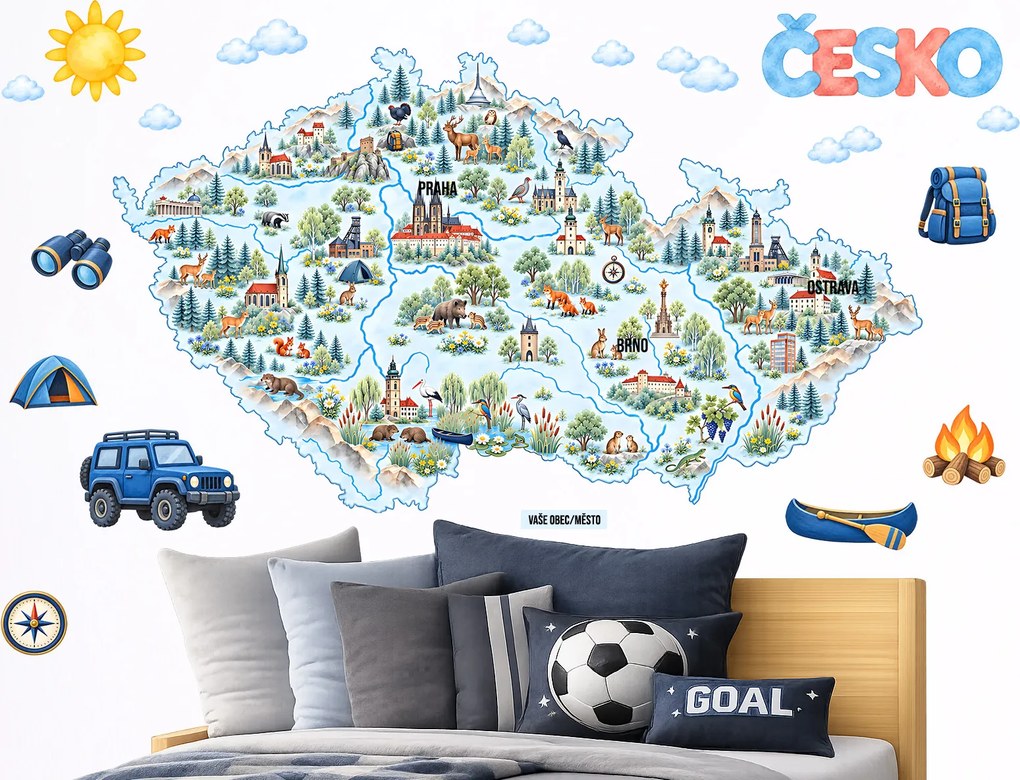Mapa Česko pro kluky dětské samolepky na zeď arch 212 x 122 cm