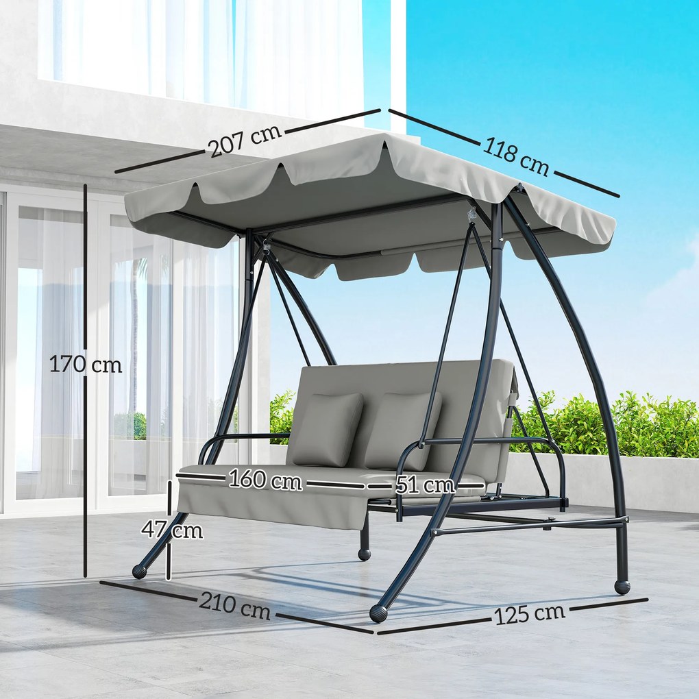 Outsunny Hollywoodská houpačka Zahradní houpačka Houpací lavice s funkcí polohování, 3 místa, kov+polyester, bílá, 209 x 114 x 170 cm | Aosom