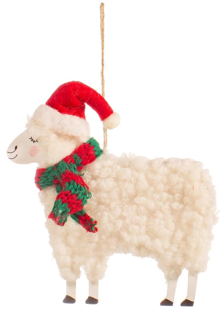 sass & belle Vánoční ozdoba Sheep Red Hat, červená barva, krémová barva, dřevo, textil