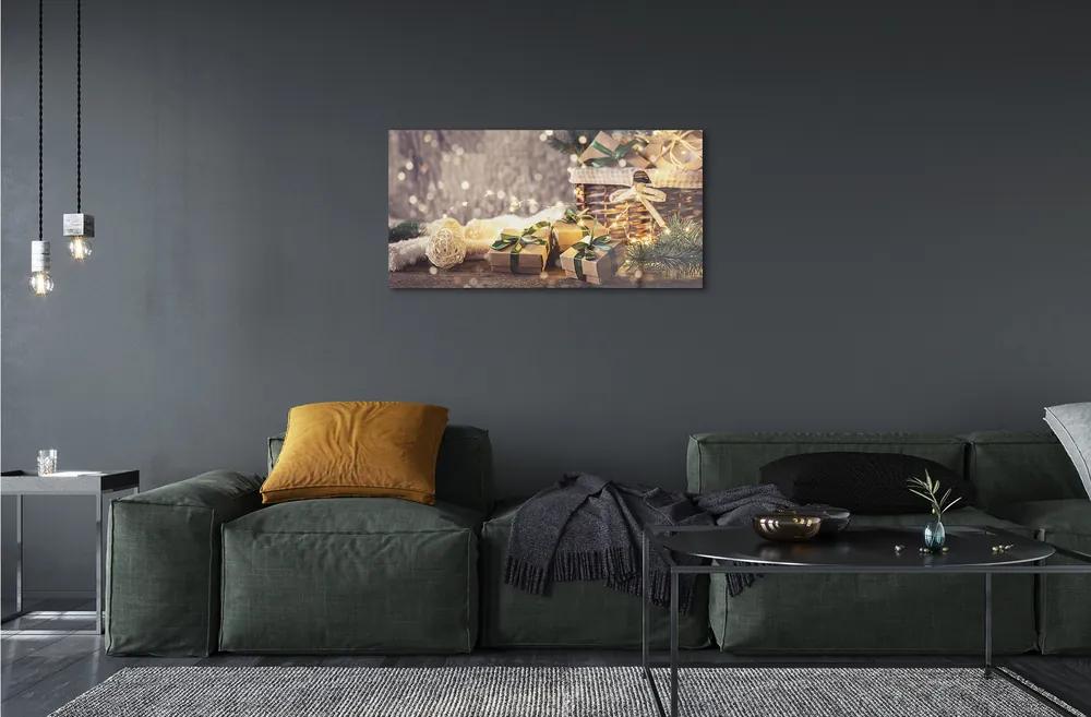 Obraz na skle Dárky větvičky ozdoby 125x50 cm